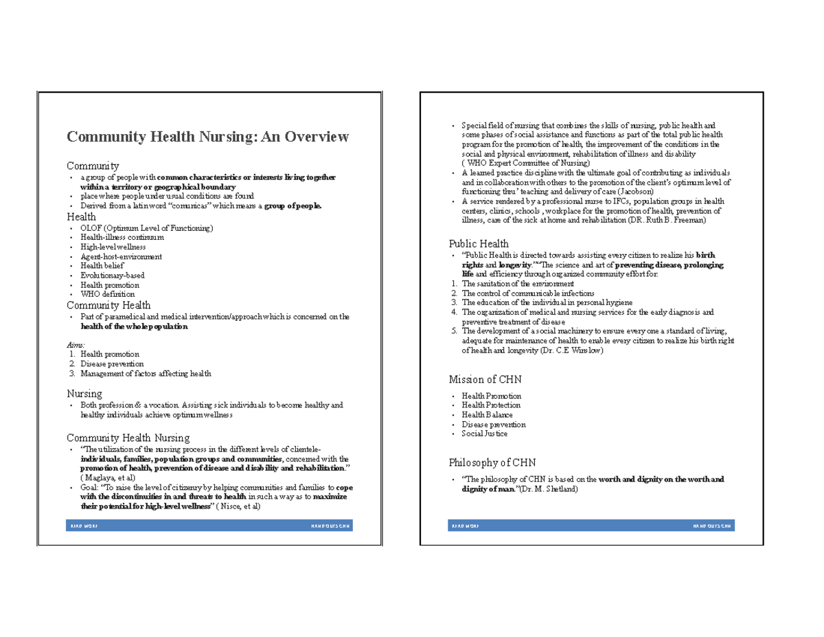 CHN II - Thanks - READ MORE HAND OUTS CHN Community Health Nursing: An ...