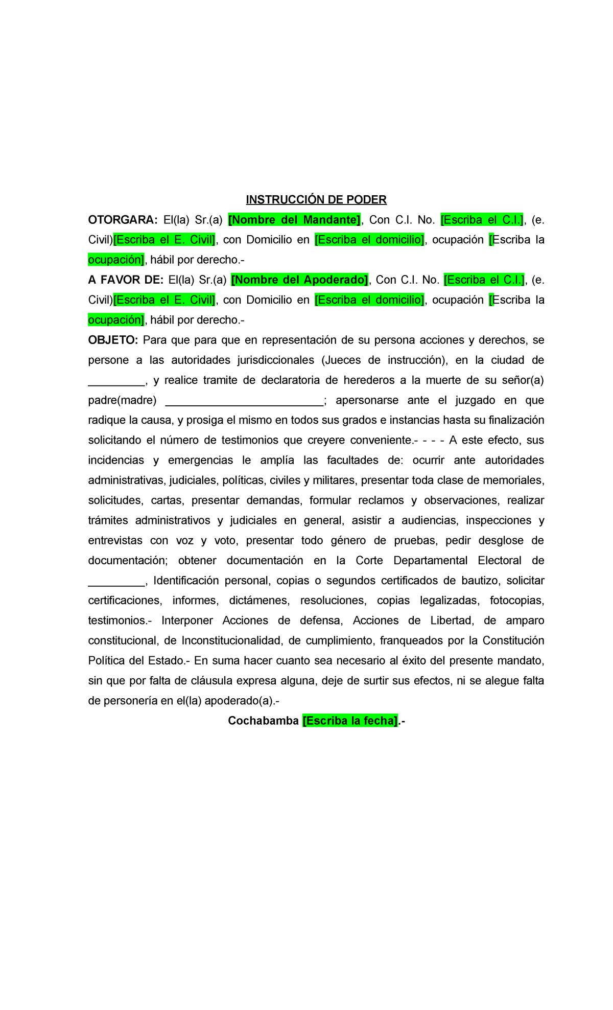 Declaratoria DE Herederos DE JUAN Guzman Rocha - INSTRUCCIÓN DE PODER ...