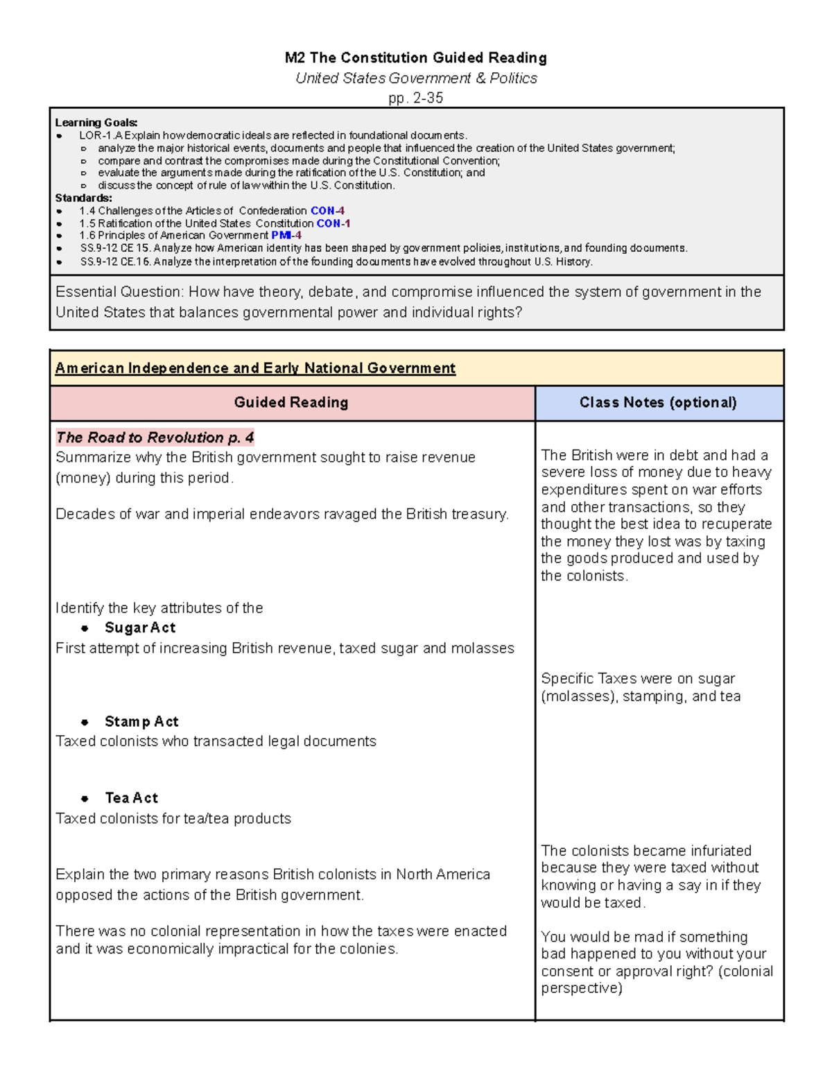 AP US GOV Unit 1 The Constitution Guided Reading Notes - M2 The ...