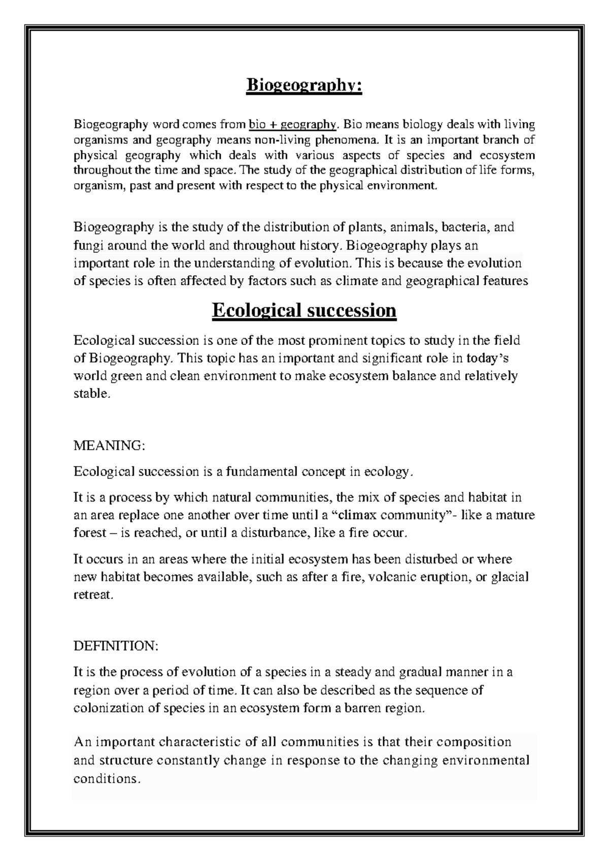 Ecological Succession - Biogeography: Biogeography word comes from bio ...