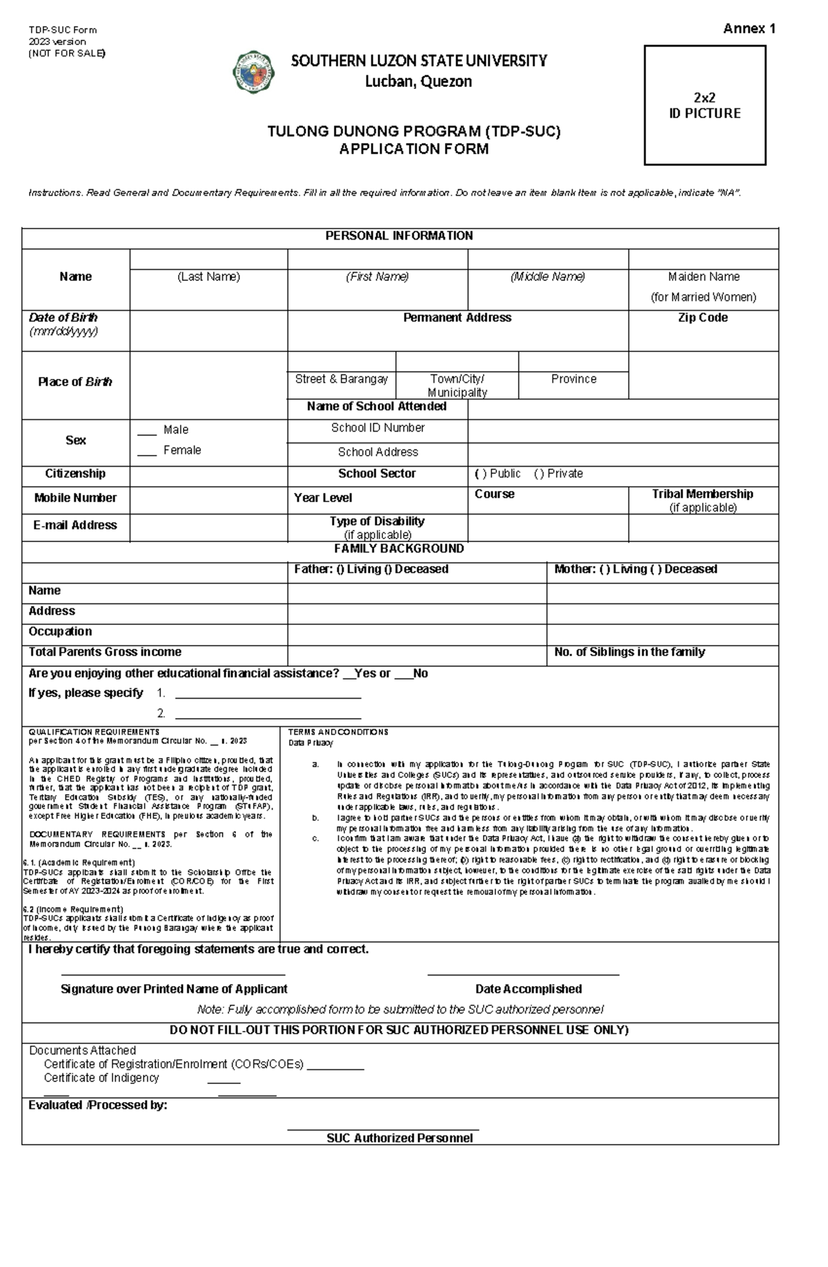 Annex-1-TDP-Application-Form-1 - 2x ID PICTURE SOUTHERN LUZON STATE ...