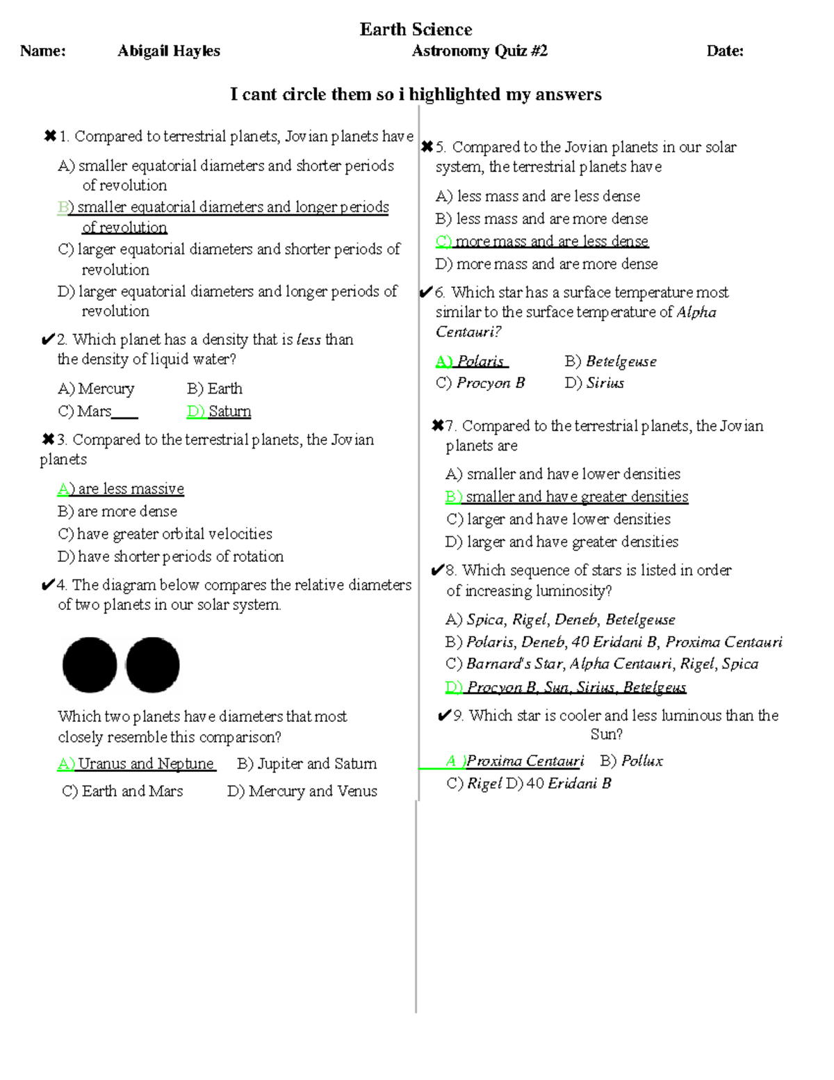 Astronomy Quiz#1sc - notes for high school - Earth Science Name ...