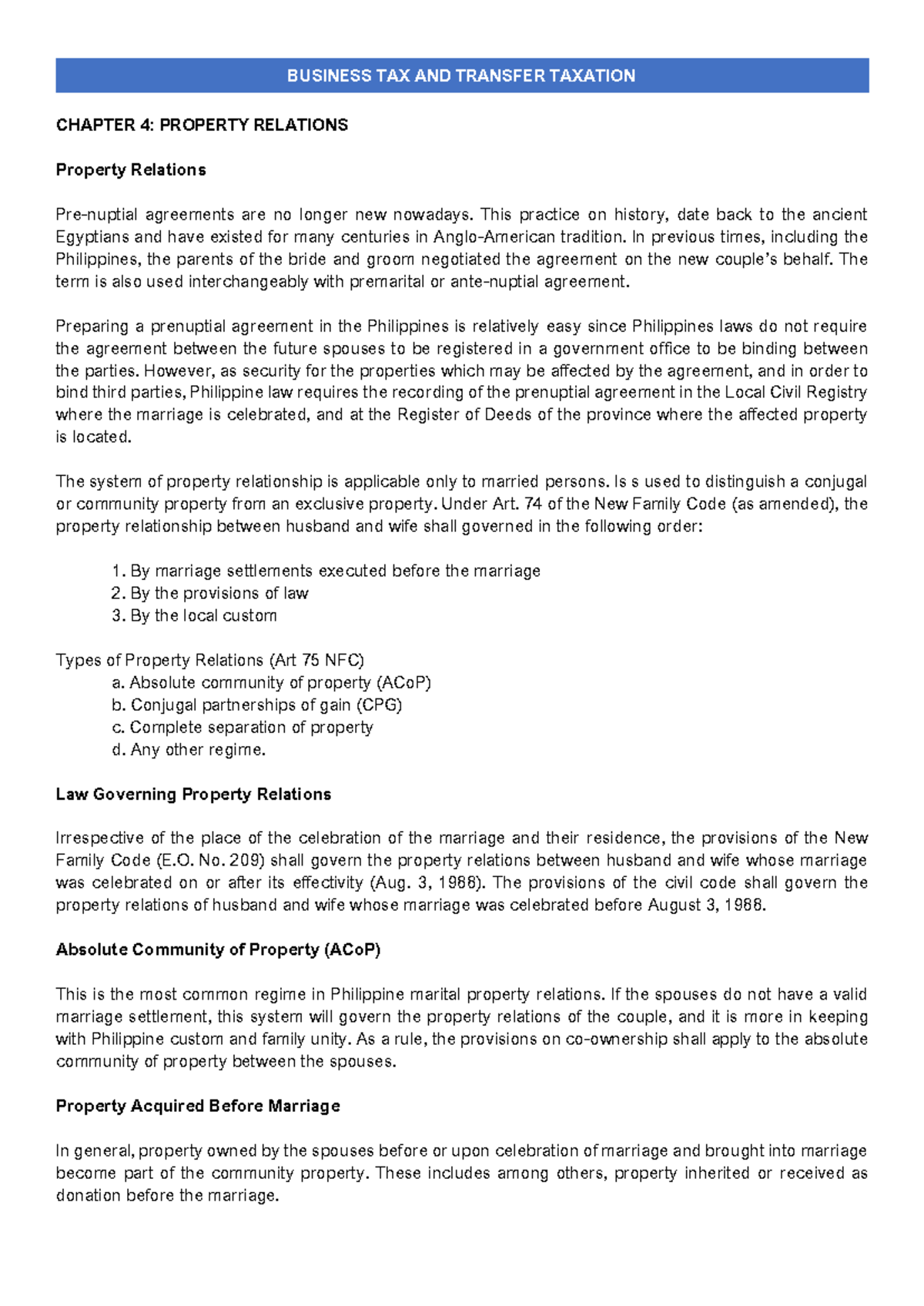 Chapter 4 Property Relations - BUSINESS TAX AND TRANSFER TAXATION ...