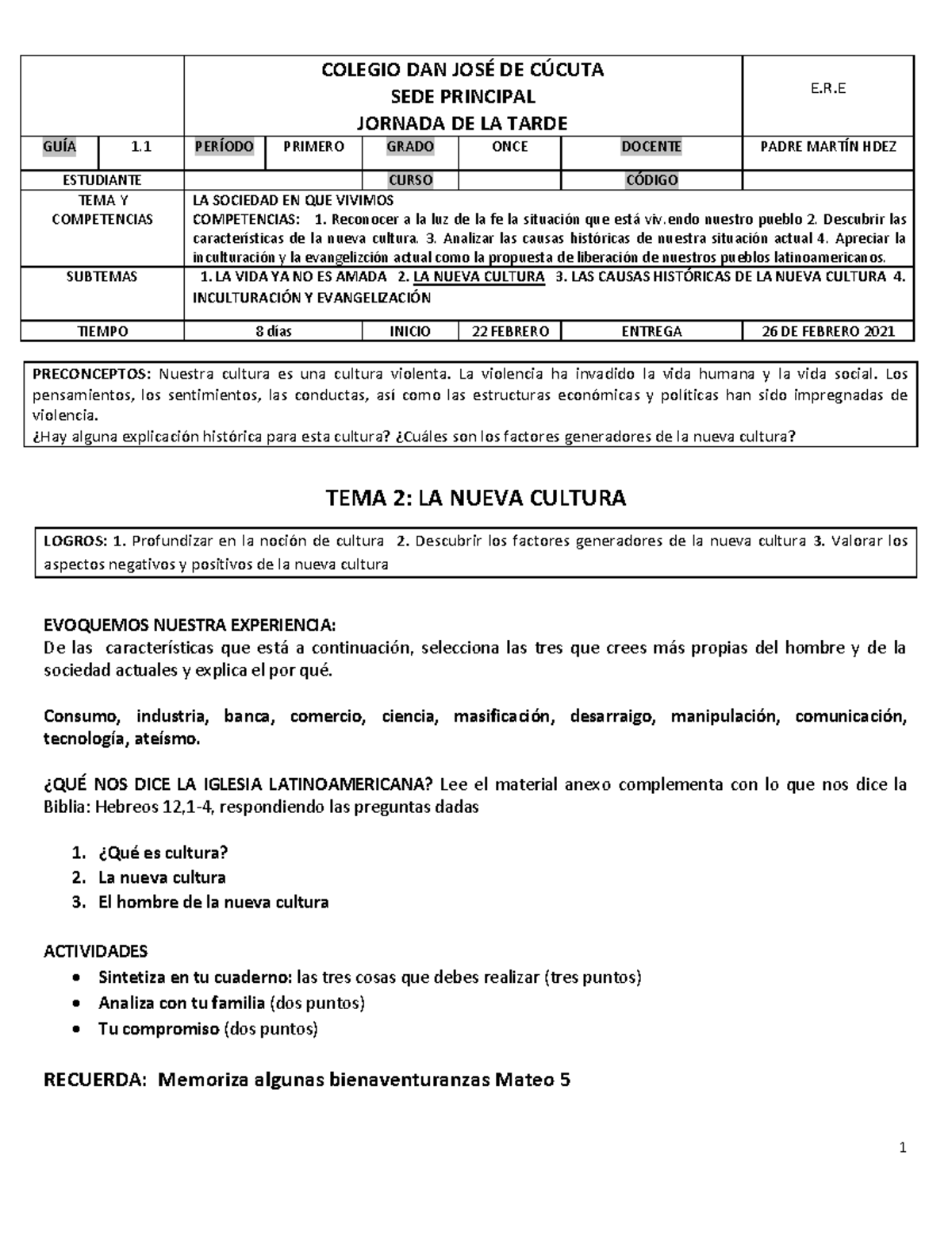 GUA 1.2 LA Nueva Cultura - COLEGIO DAN JOS... DE C⁄CUTA SEDE PRINCIPAL ...