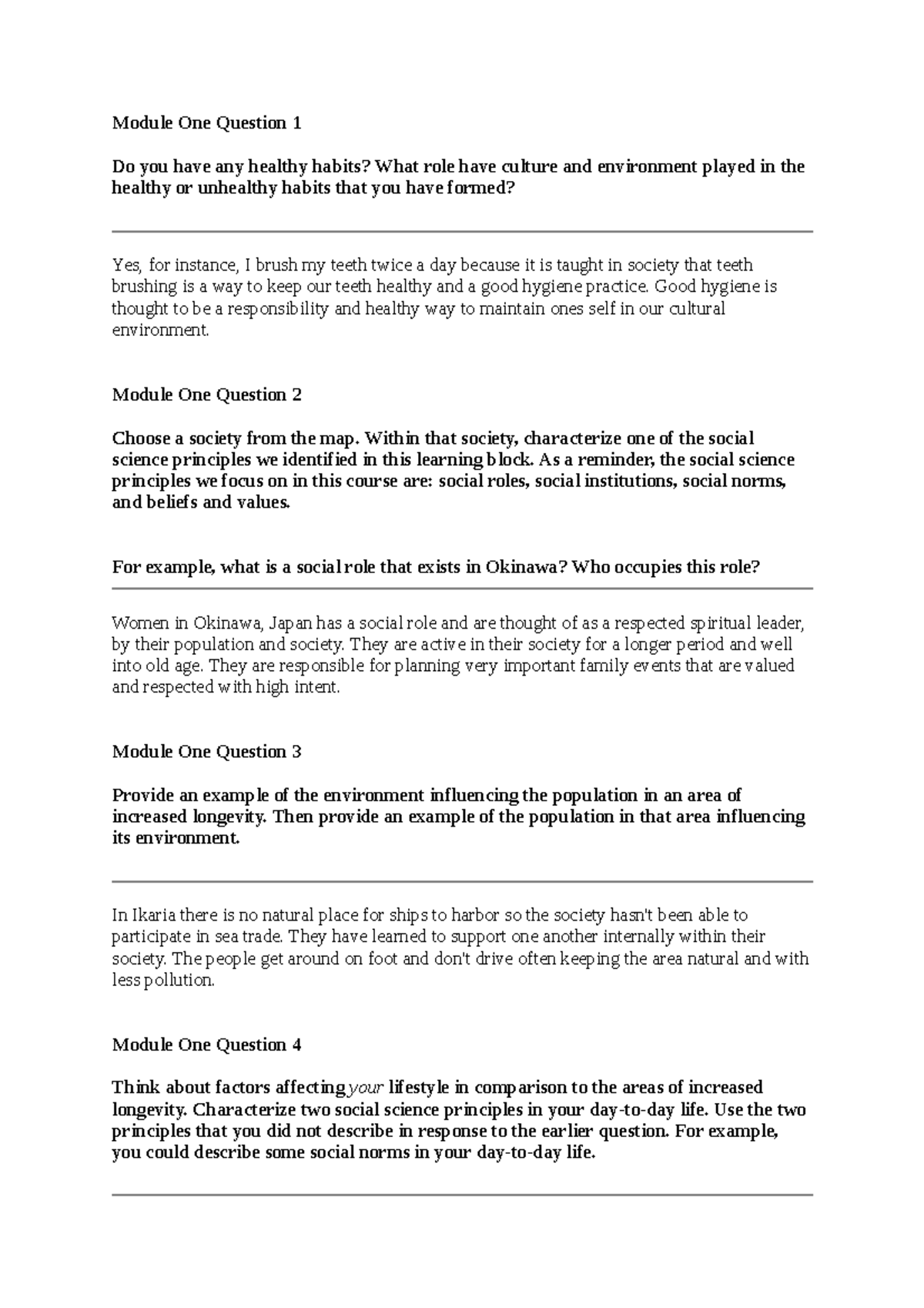Questions mod1 assignment social science - Module One Question 1 Do you have any healthy habits ...