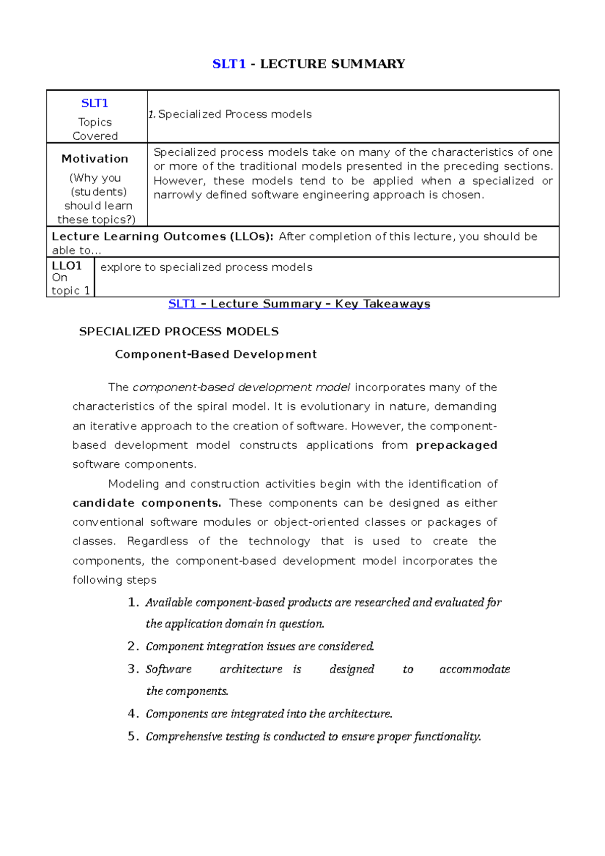 Specialized Process model - SLT1 - LECTURE SUMMARY SLT Topics Covered ...