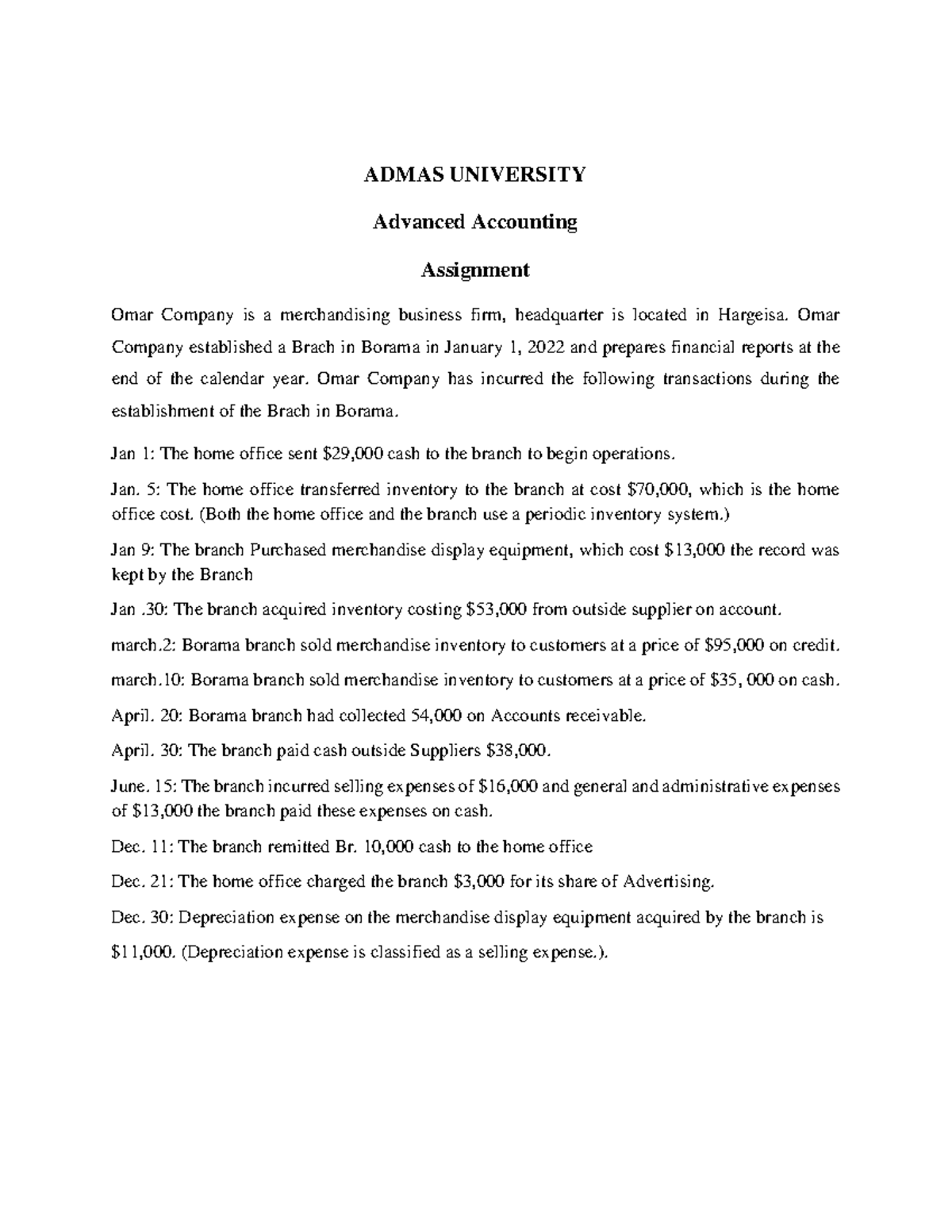 Advanced accounting assignment - ADMAS UNIVERSITY Advanced Accounting ...