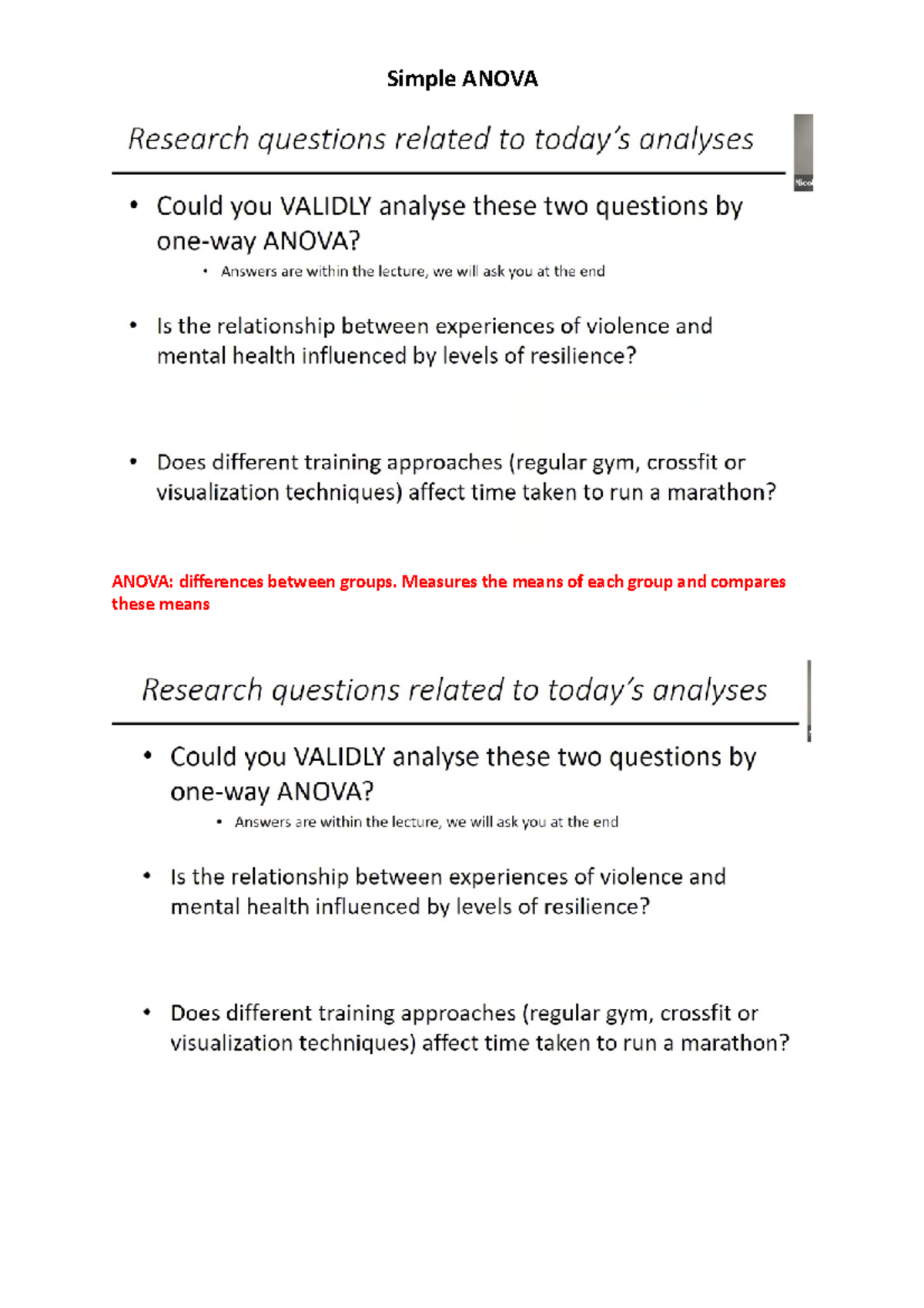 Week 4 - Simple Anova - HD notes - Simple ANOVA ANOVA: differences ...