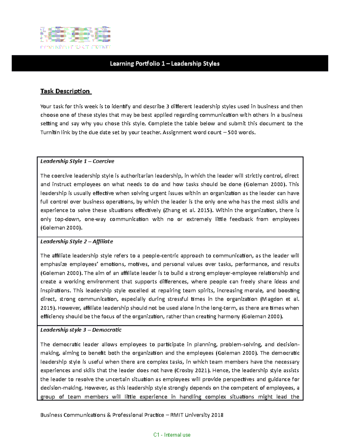W1 Leadership discussion - Learning Portfolio 1 – Leadership Styles ...