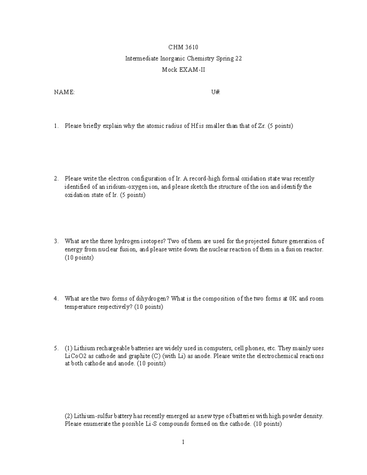 Chm 3610 Mock Exam Ii 2022 Spring Chm 3610 Intermediate Inorganic Chemistry Spring 22 Mock