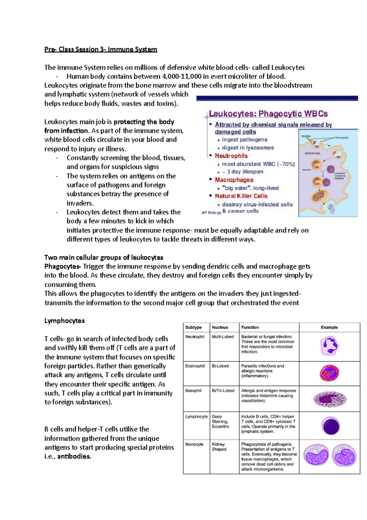 Session 3- Immune System notes - Pre- Class Session 3- Immune System ...