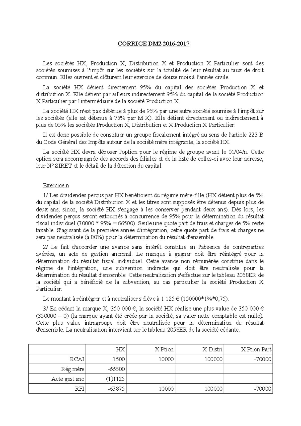 Examen 2017, réponses - CORRIGE DM2 2016-2017 Les sociétés HX, Production X, Distribution X et ...