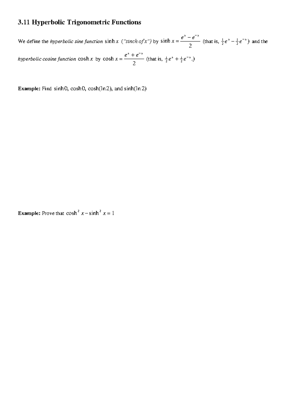 3.11 notes w/o keys - 3 Hyperbolic Trigonometric Functions We define ...
