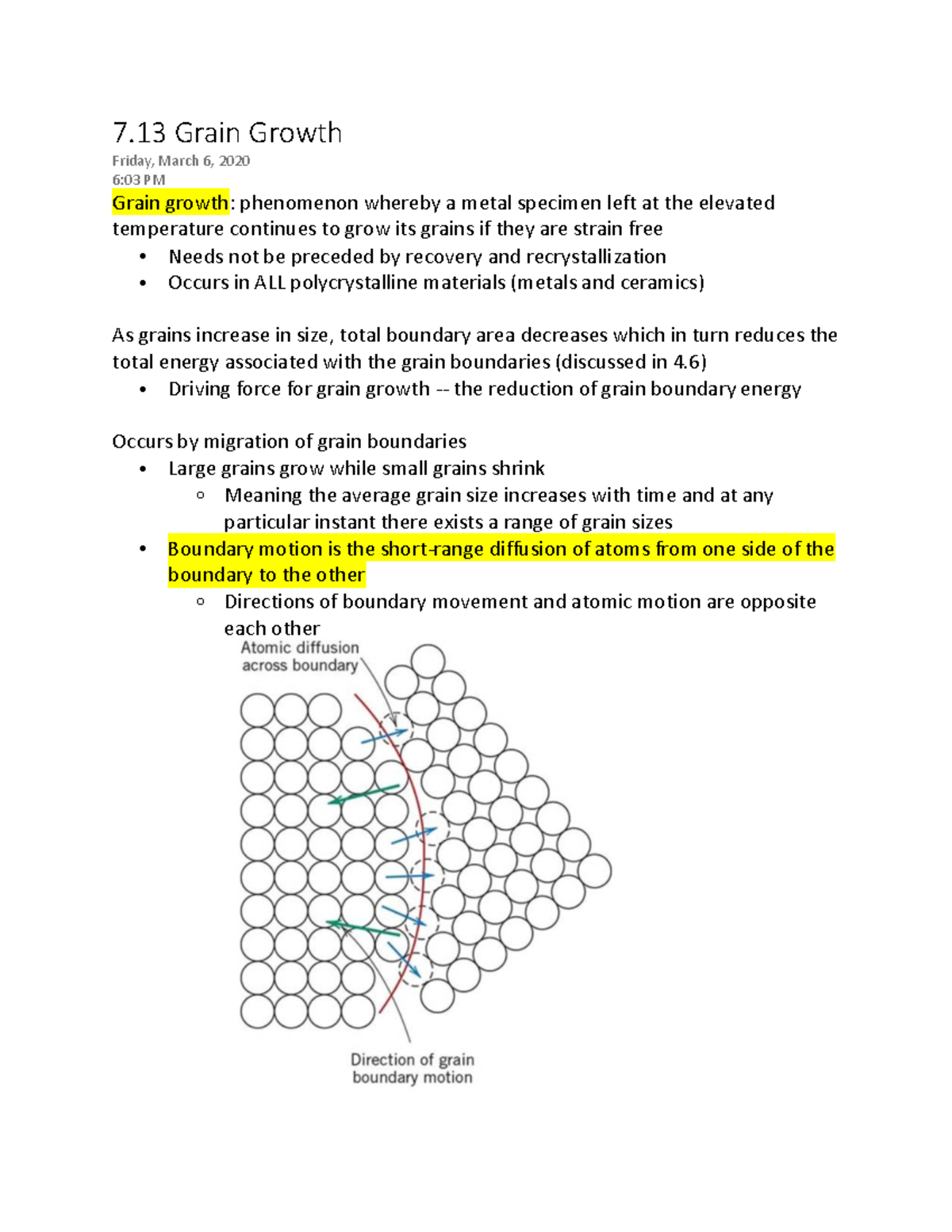 MSE250 Chapter 7.13 - 7 Grain Growth Friday, March 6, 2020 6:03 PM Grain growth: phenomenon ...