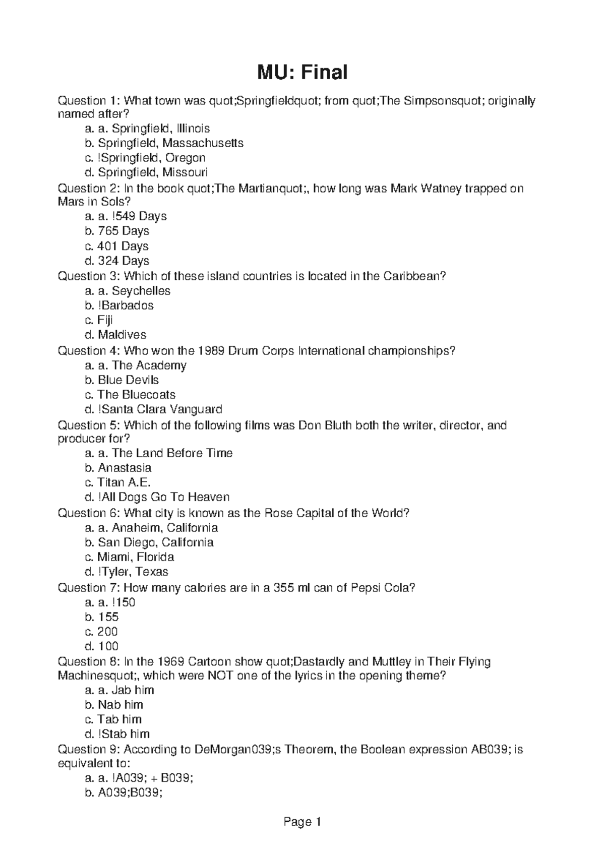 MU152 Cheat Sheet 10 - MU: Final Question 1: What town was quot;Springfieldquot; from quot;The ...