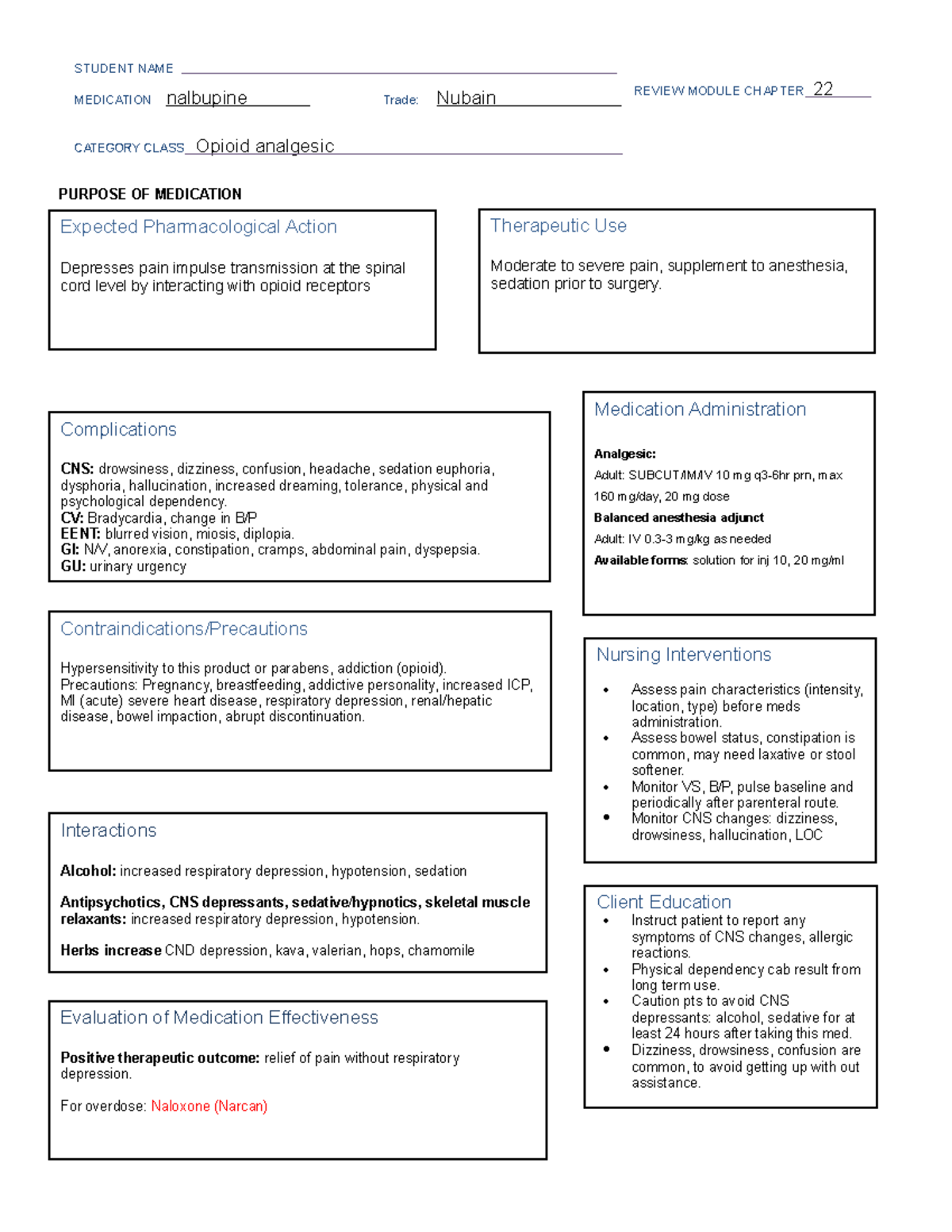 Medication card Nubain - STUDENT NAME MEDICATION nalbupine Trade ...