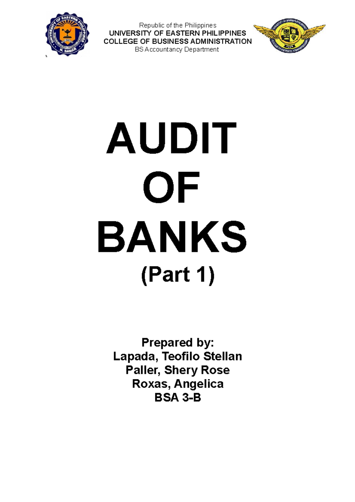 Audit OF Banks PART 1 - Republic of the Philippines UNIVERSITY OF ...