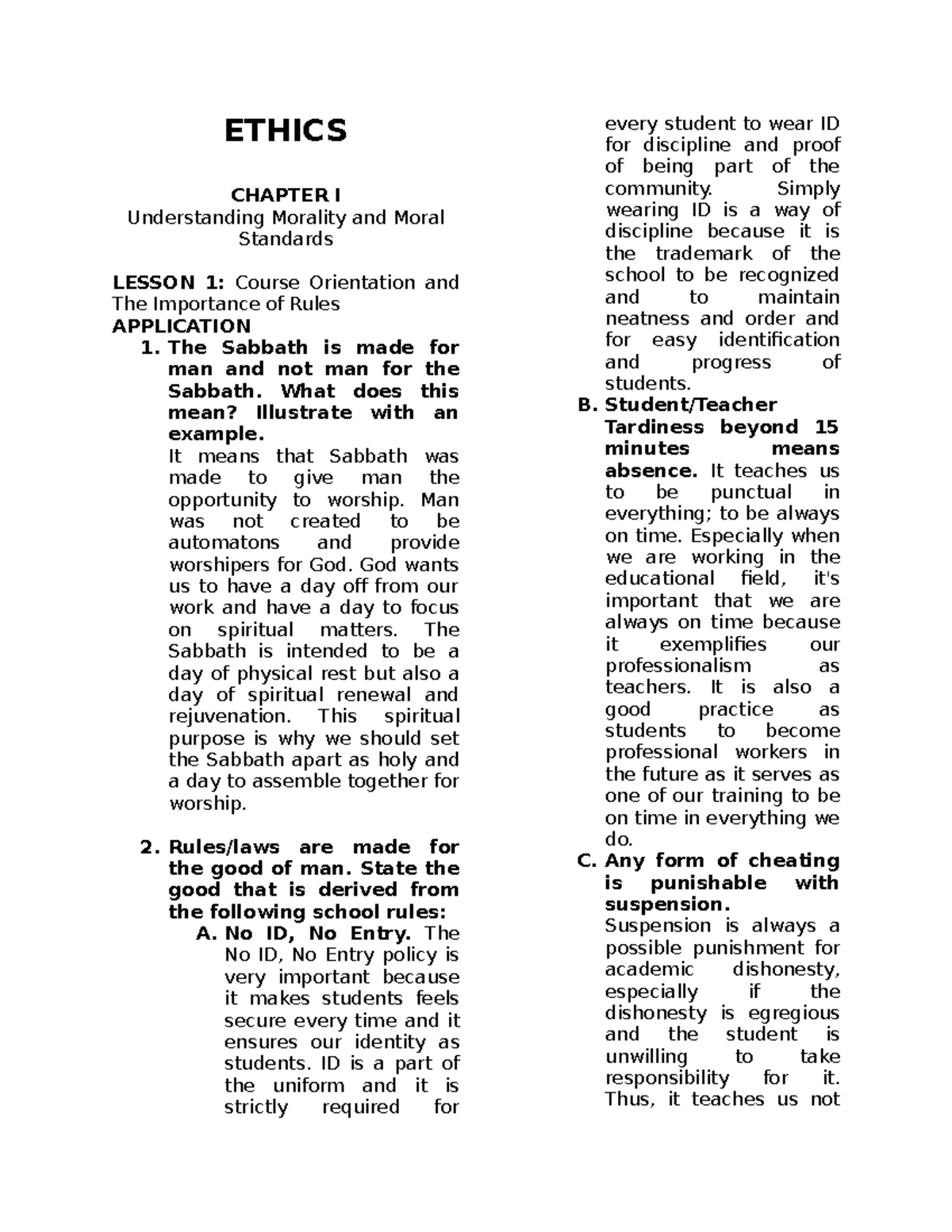Ethics - ETHICS CHAPTER I Understanding Morality and Moral Standards ...