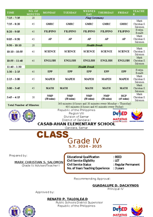 Sample Class Program for Grade 4 10 SY 2024 2025 - Time No. of Min ...