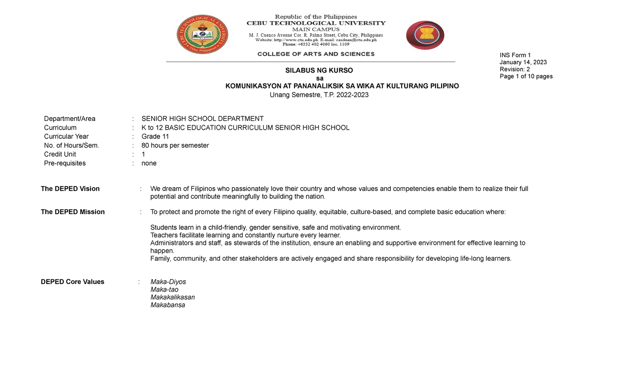 FT 605- Silabus- Pampinal NA Pagsusulit- Dinie Rivera - SILABUS NG KURSO sa KOMUNIKASYON AT ...