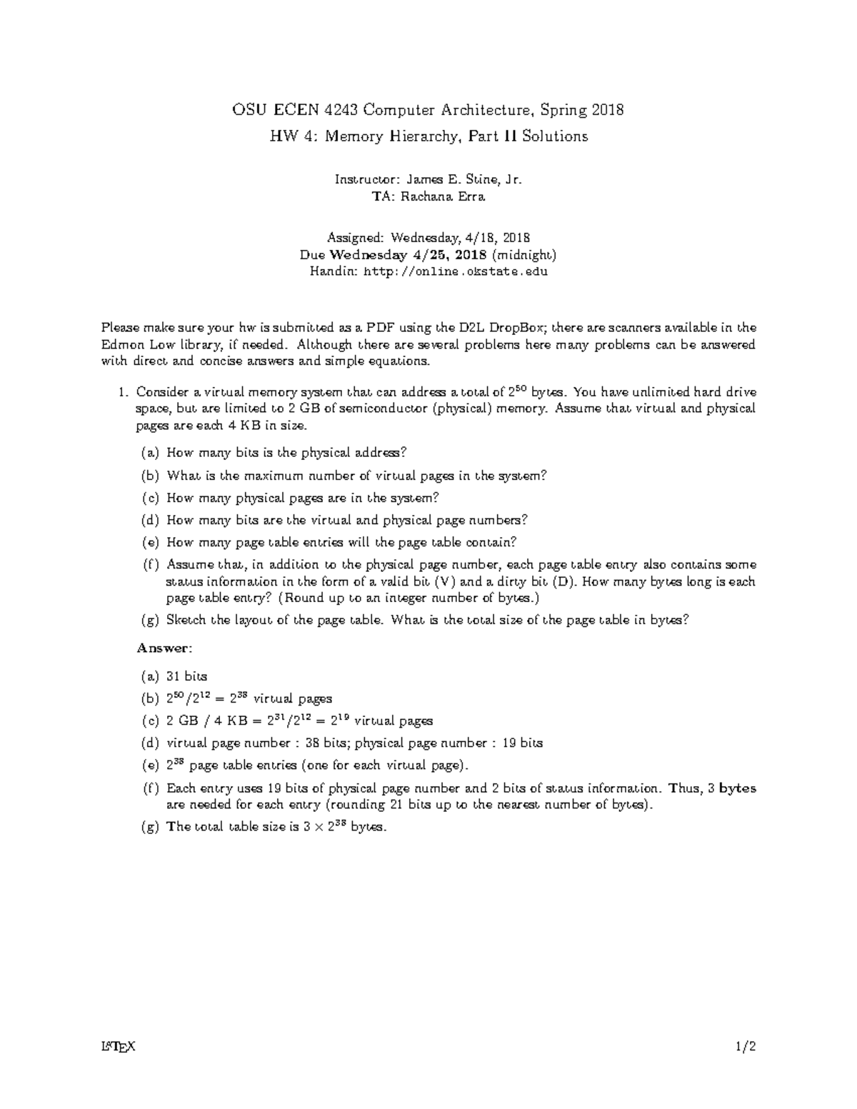 Homework 4 solutions - OSU ECEN 4243 Computer Architecture, Spring 2018 HW 4: Memory Hierarchy ...