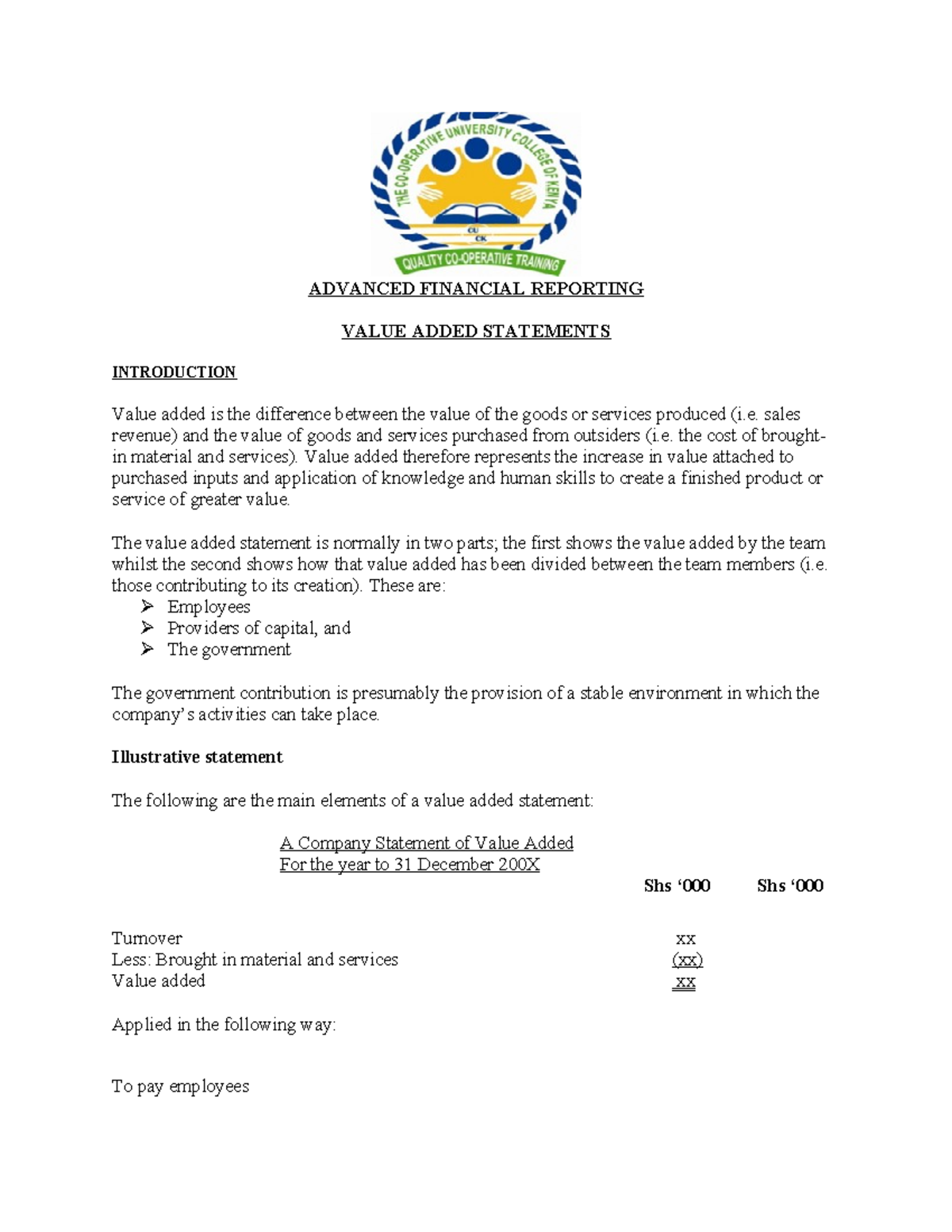 Value Added Statements - ADVANCED FINANCIAL REPORTING VALUE ADDED ...