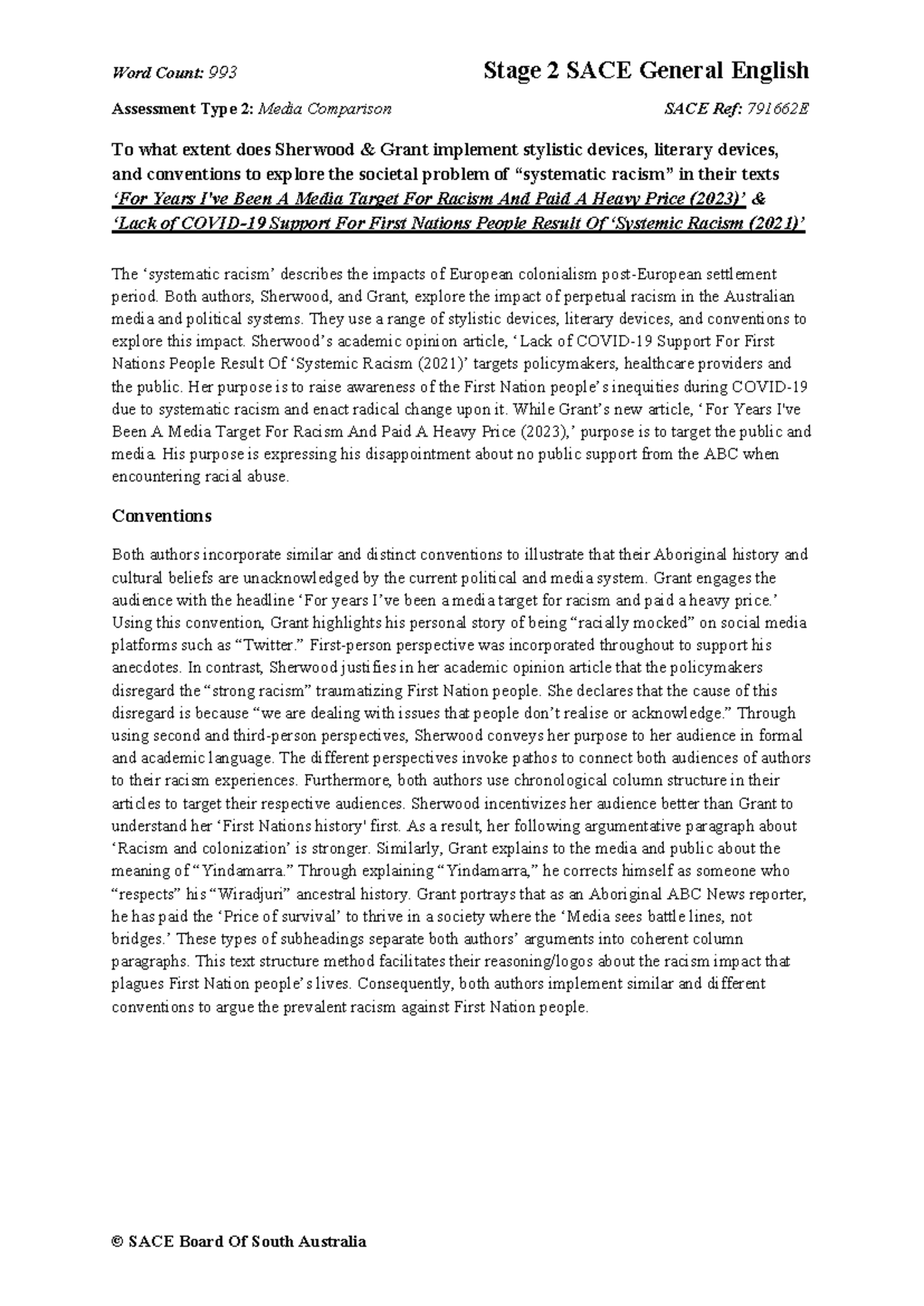 791662 E-2ESH20-AT1-Media Comparison Essay-SK - Word Count: 993 Stage 2 SACE General English ...