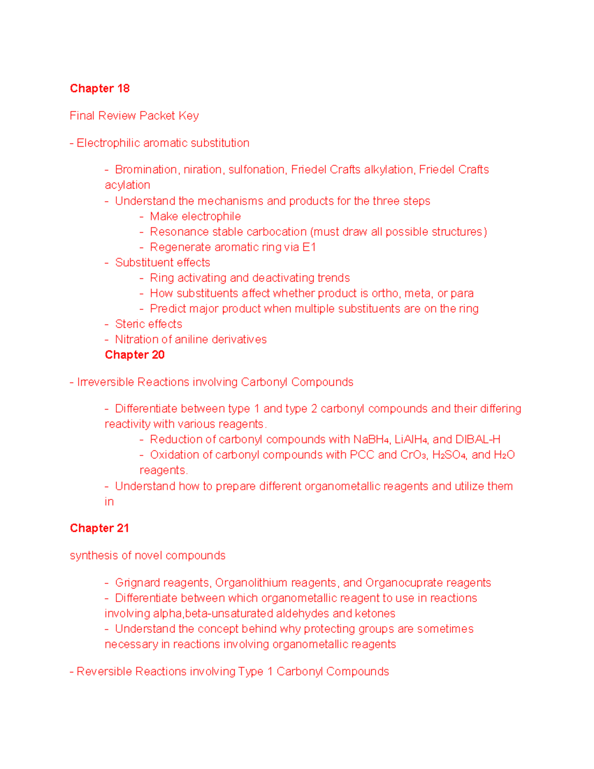 Ochem Summary 4 - Chapter 18 Final Review Packet Key Electrophilic aromatic substitution - Studocu