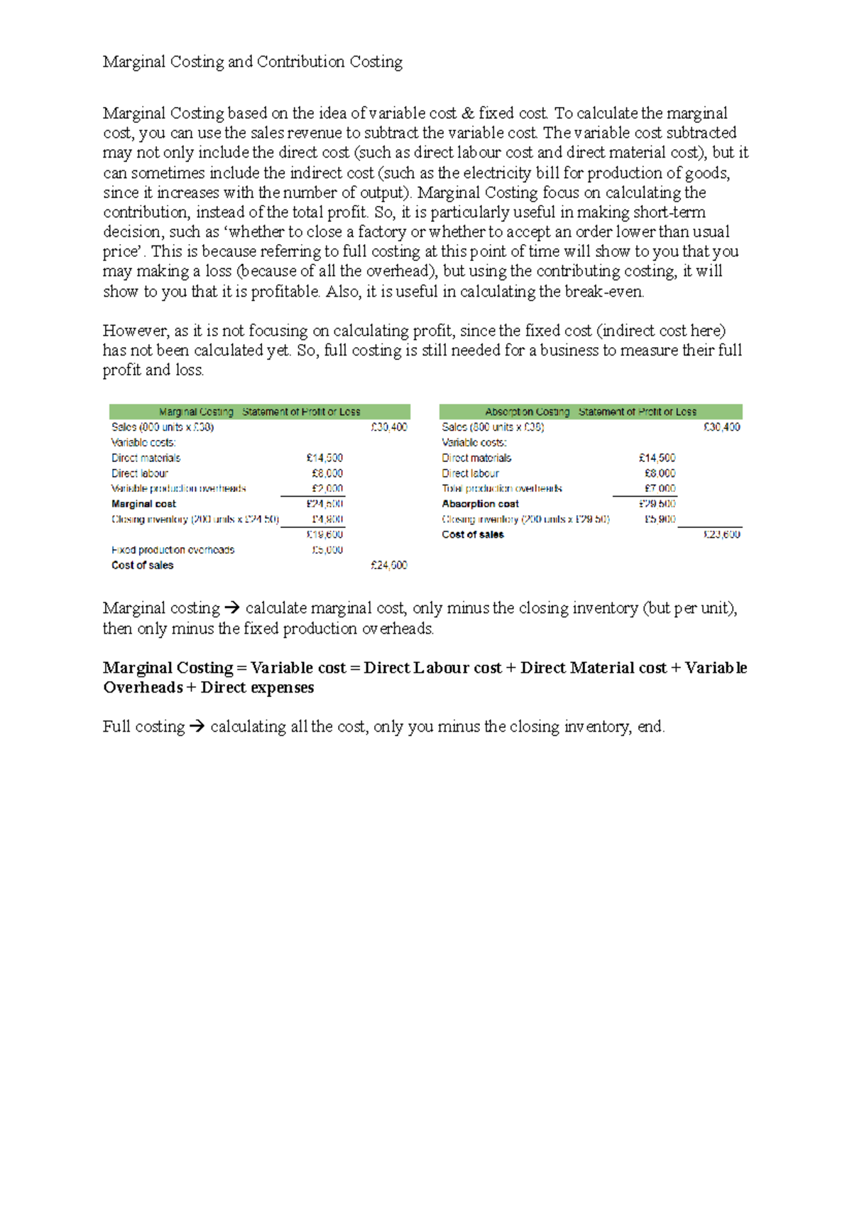 Marginal Costing - Summary A Level Business - Marginal Costing and ...