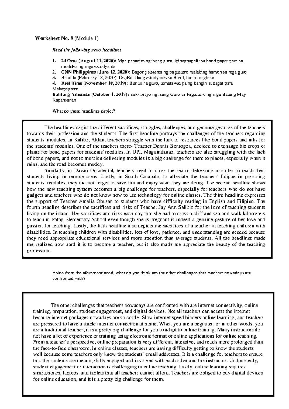 Worksheet 8 (Module 1) - Worksheet No. 8 (Module 1) Read the following ...