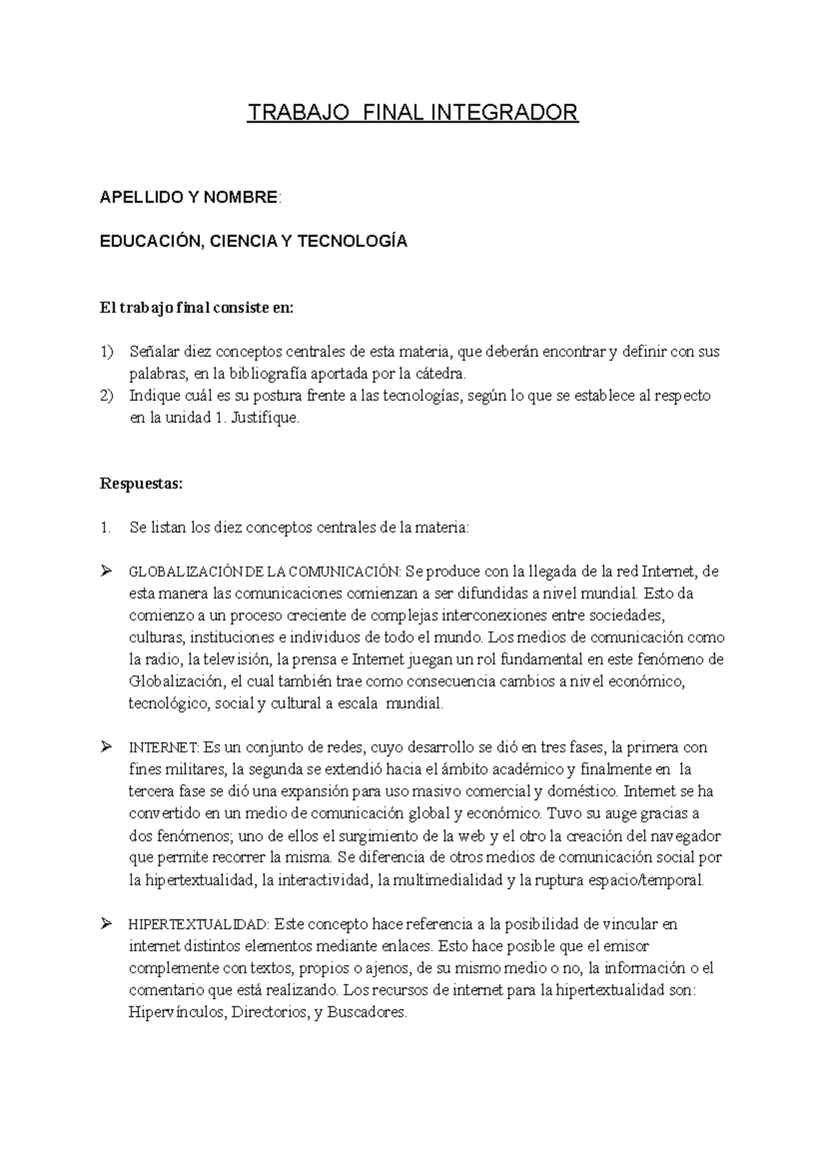 Trabajo Final Integrador Educación Ciencia Y Tecnología - TRABAJO FINAL ...