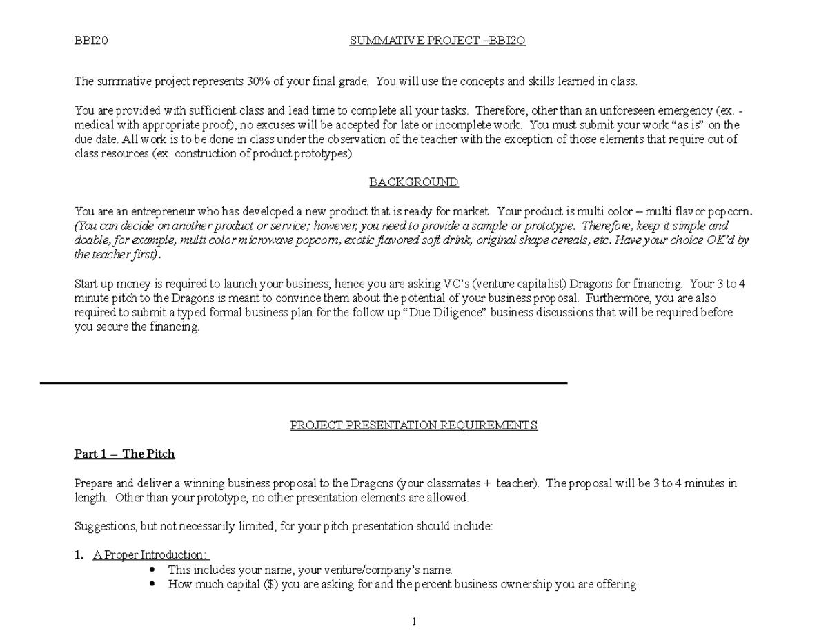 BBI Summative Project 2020 - The summative project represents 30% of ...