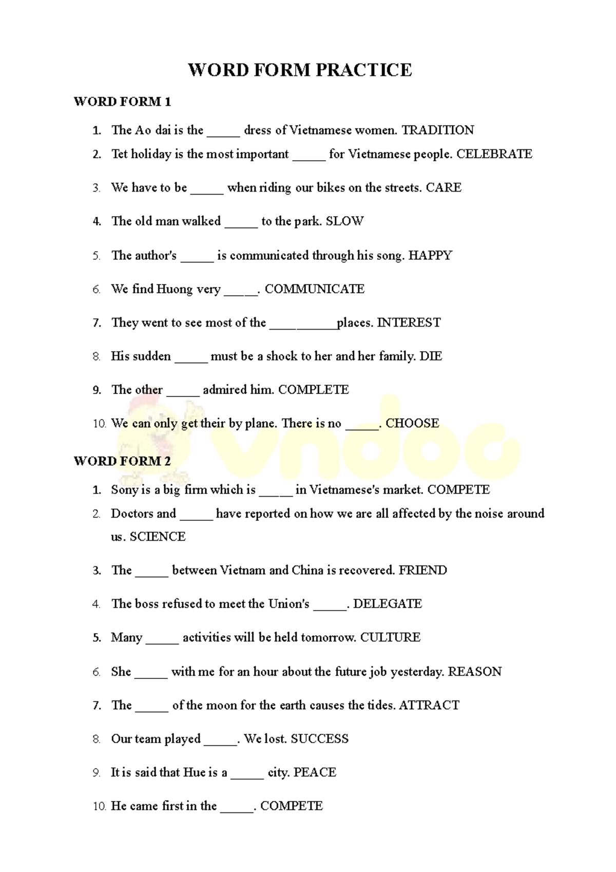 WORD FORM Practice SB - WORD FORM PRACTICE WORD FORM 1 1. The Ao dai is ...