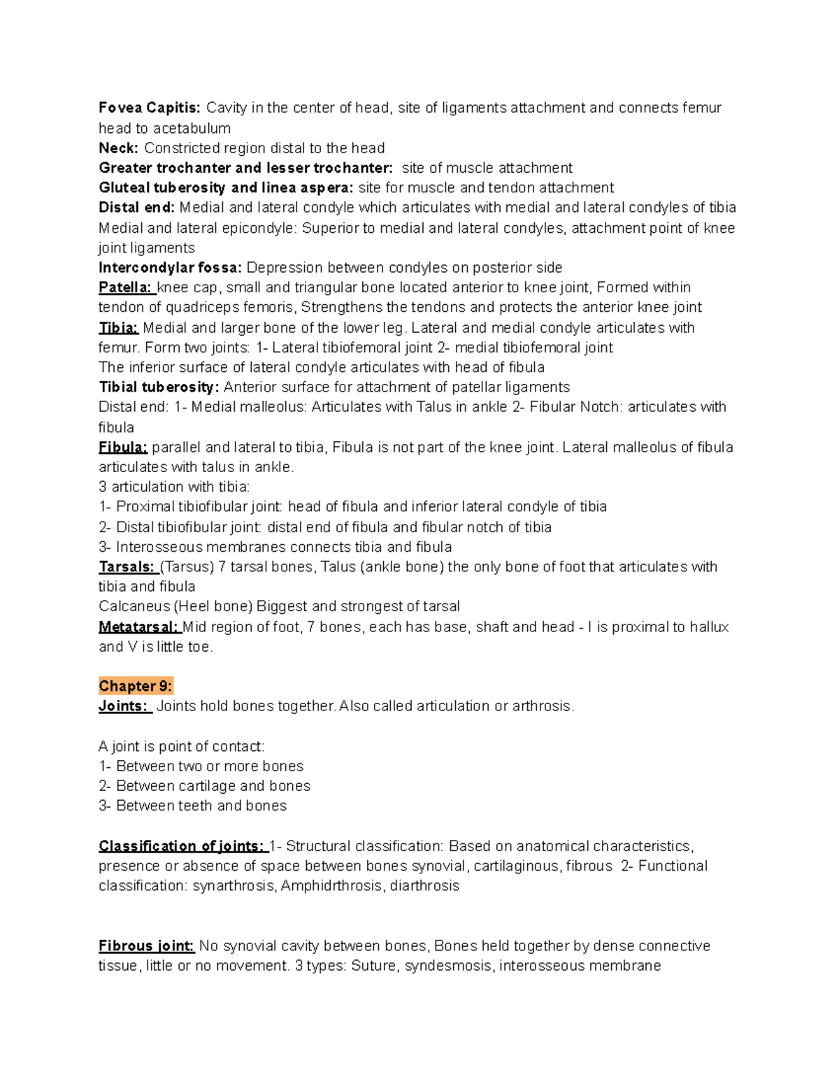 Biol 1196 - Answer key - Fovea Capitis: Cavity in the center of head ...