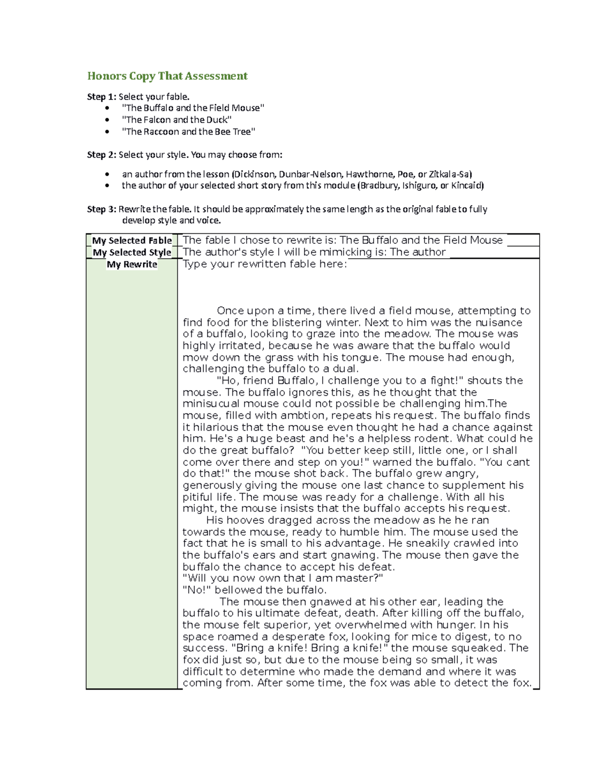 Honors copy that assess rubric 3 - Honors Copy That Assessment Step 1: Select your fable ...