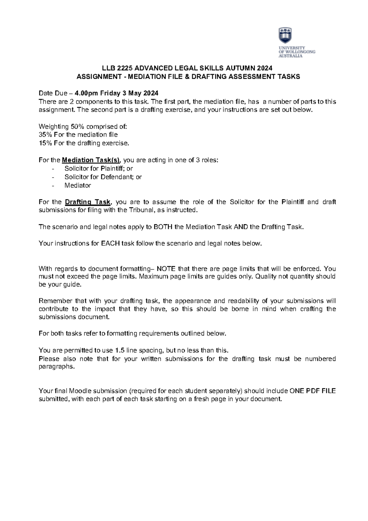 Mediation Drafting Task Facts Instructions and Legal Notes - LLB 2225 ...