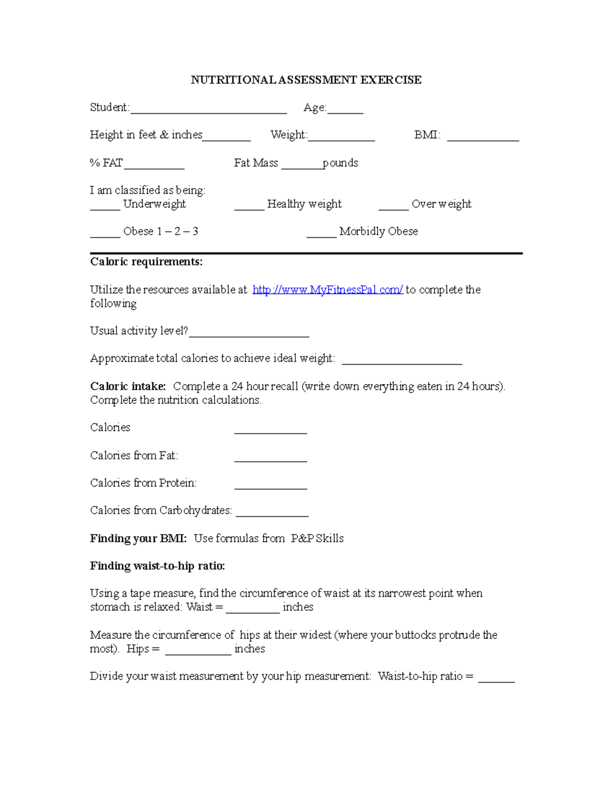 Nutritional Assessment Exercise 7-15-111 - NUTRITIONAL ASSESSMENT ...