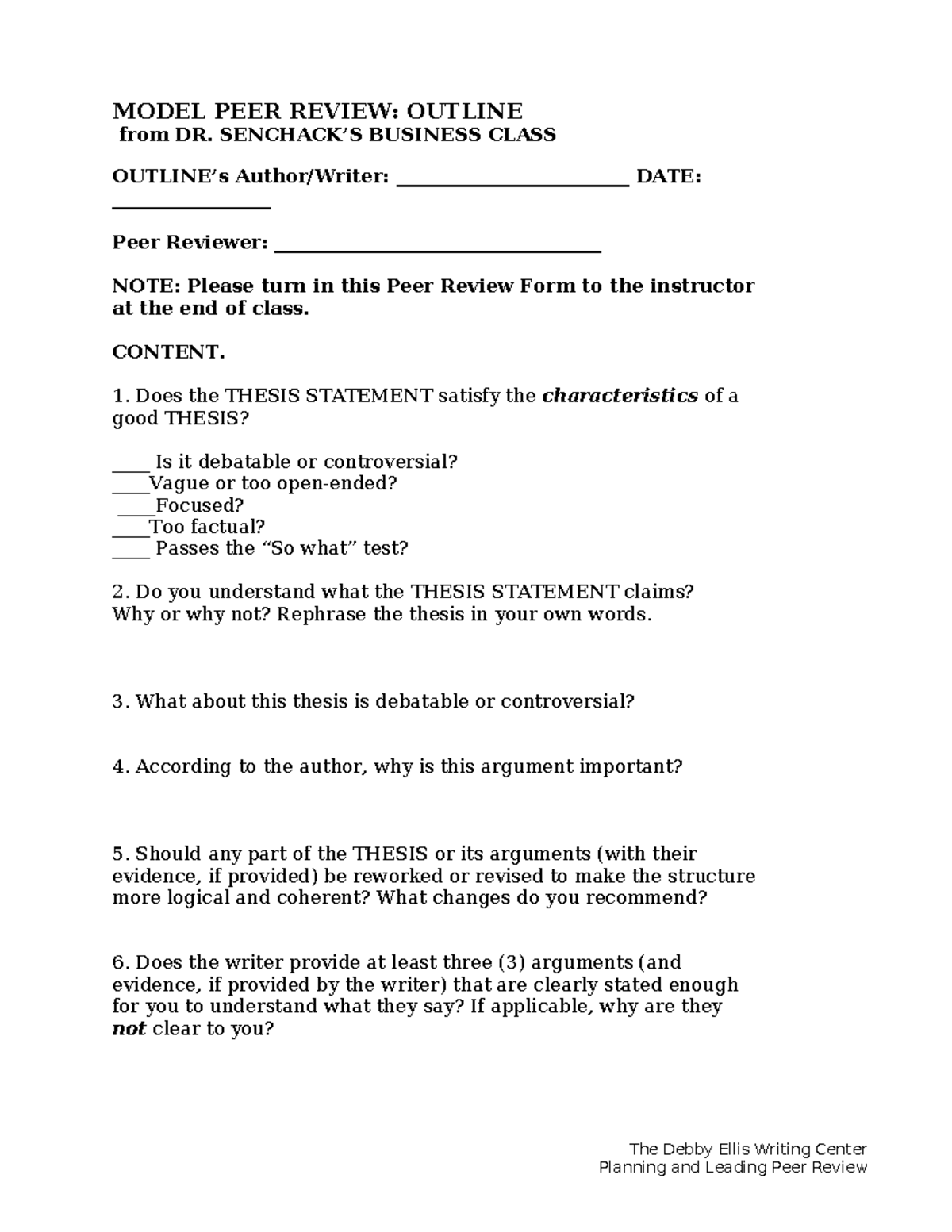 Peer review model 3 outlinedocx - MODEL PEER REVIEW: OUTLINE from DR ...