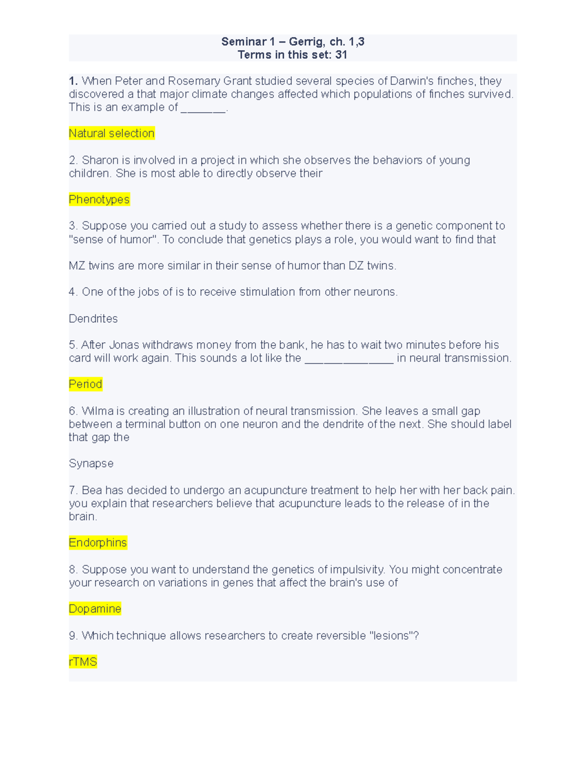 Quiz Gerrig 1-3 - Multiple choice questions chapters 1 and 3 - Terms in ...