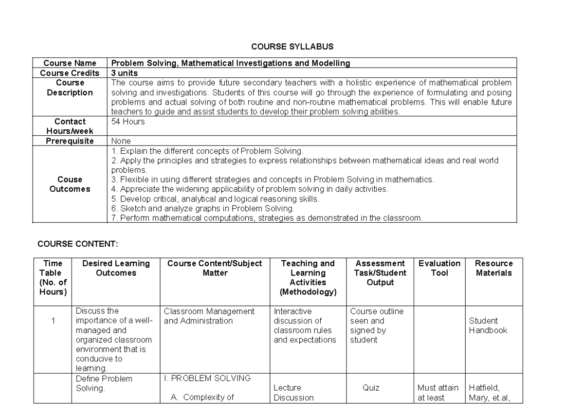Pdfcoffee - Problem Solving, Mathematical Investigations and Modelling - COURSE SYLLABUS Course ...