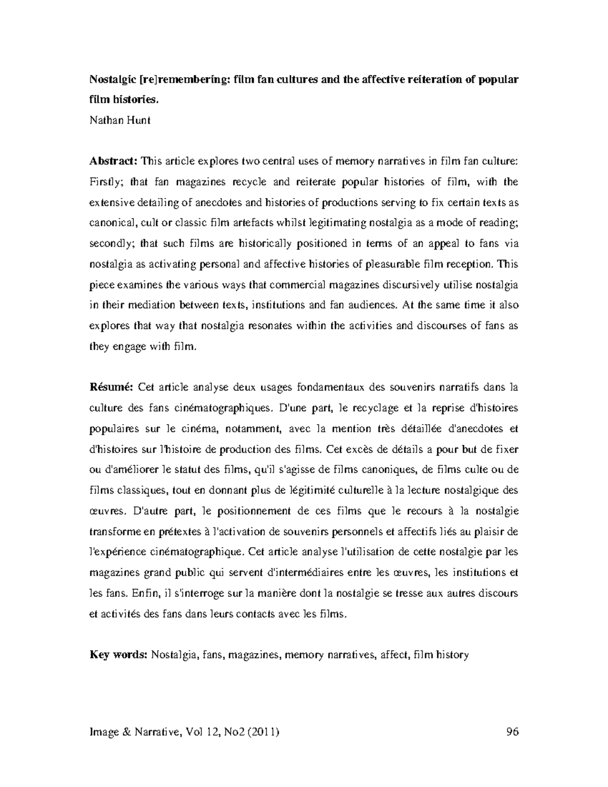 Nathan Hunt (secondary) - Nostalgic [re]remembering: film fan cultures ...