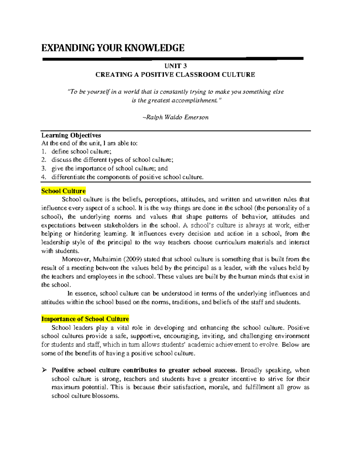 UNIT-3 - Notes - EXPANDING YOUR KNOWLEDGE UNIT 3 CREATING A POSITIVE ...