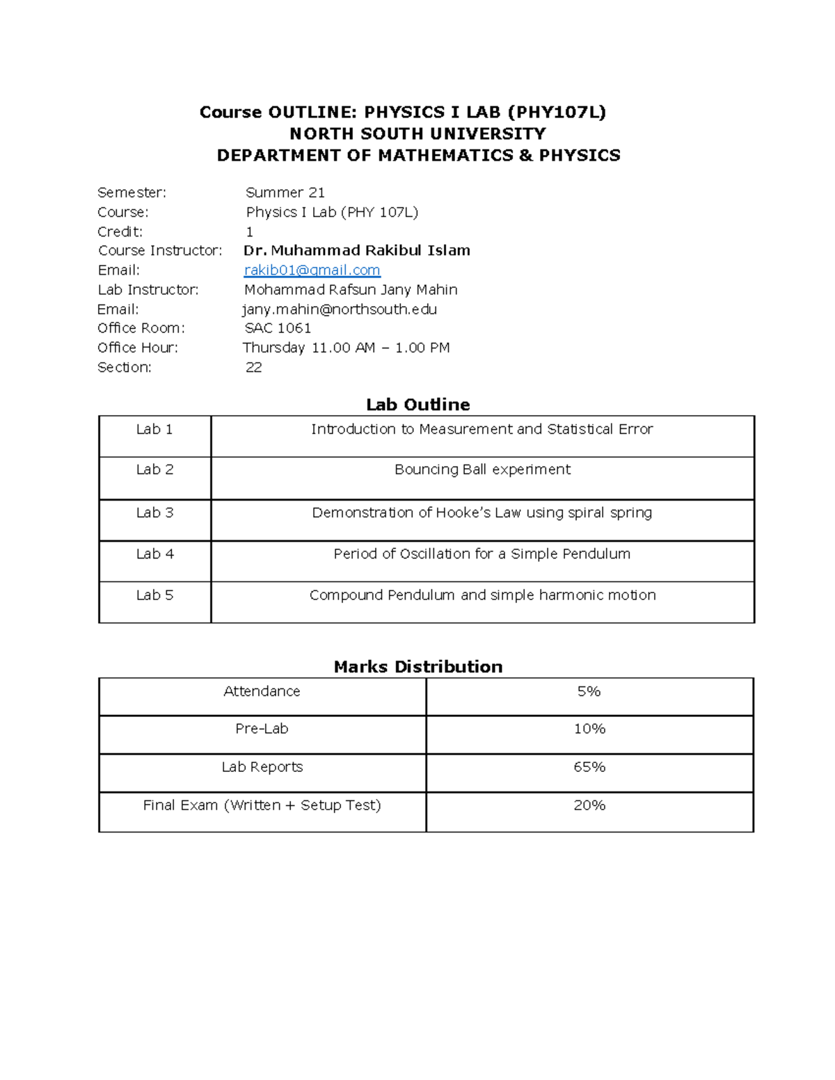 Phy 107L - Course Outline - Course OUTLINE: PHYSICS I LAB (PHY107L ...