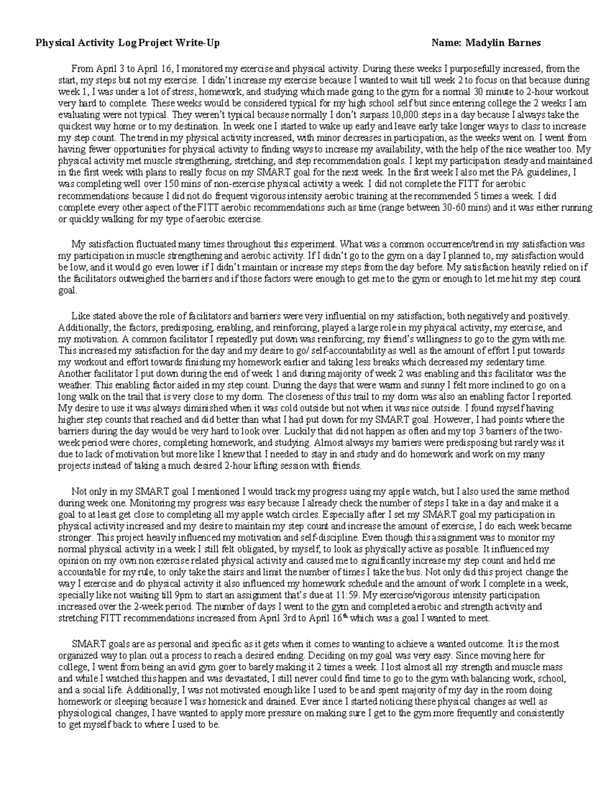 PA Log Assignment Write-Up Template Updated 2022 - Physical Activity ...