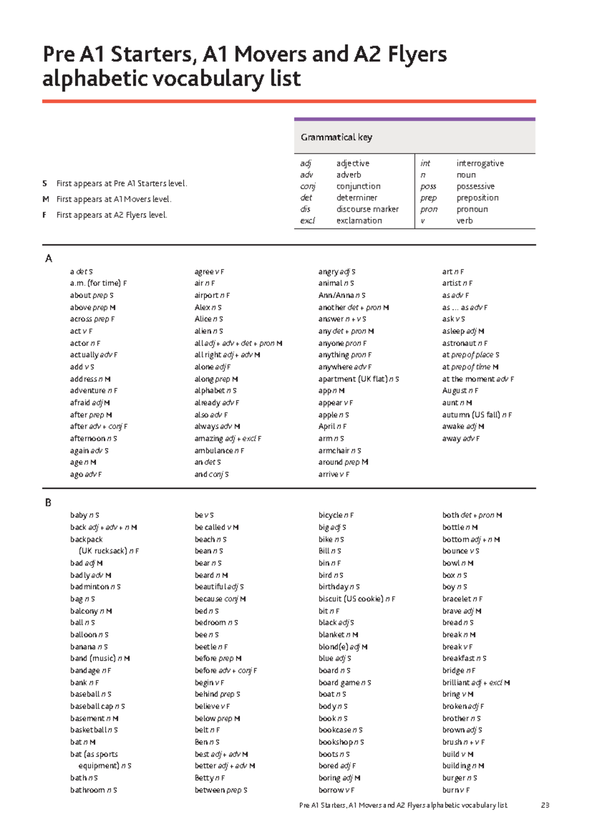 A1 - A2 - yle - vocabulary - Pre A1 Starters, A1 Movers and A2 Flyers ...