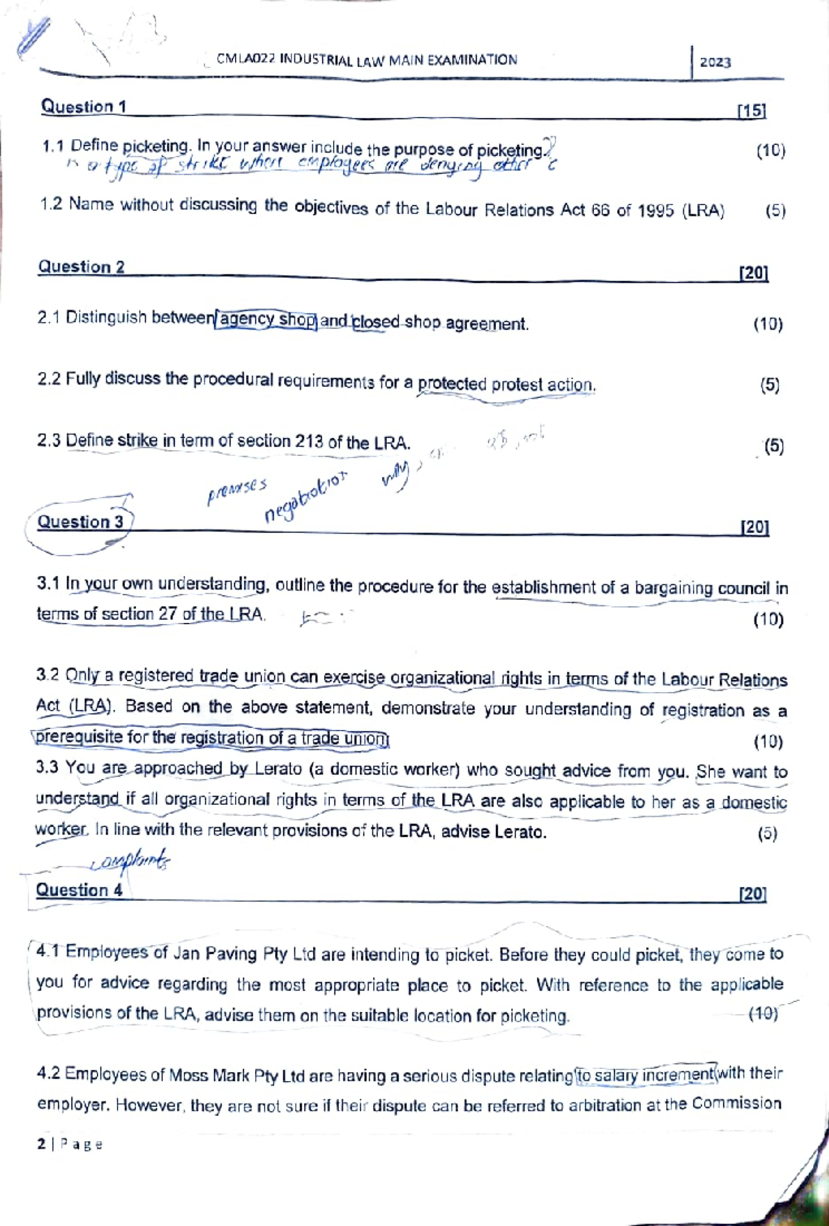 CMLA022 EXAM 2024 - Question 1 1 Define picketing. In your answer ...
