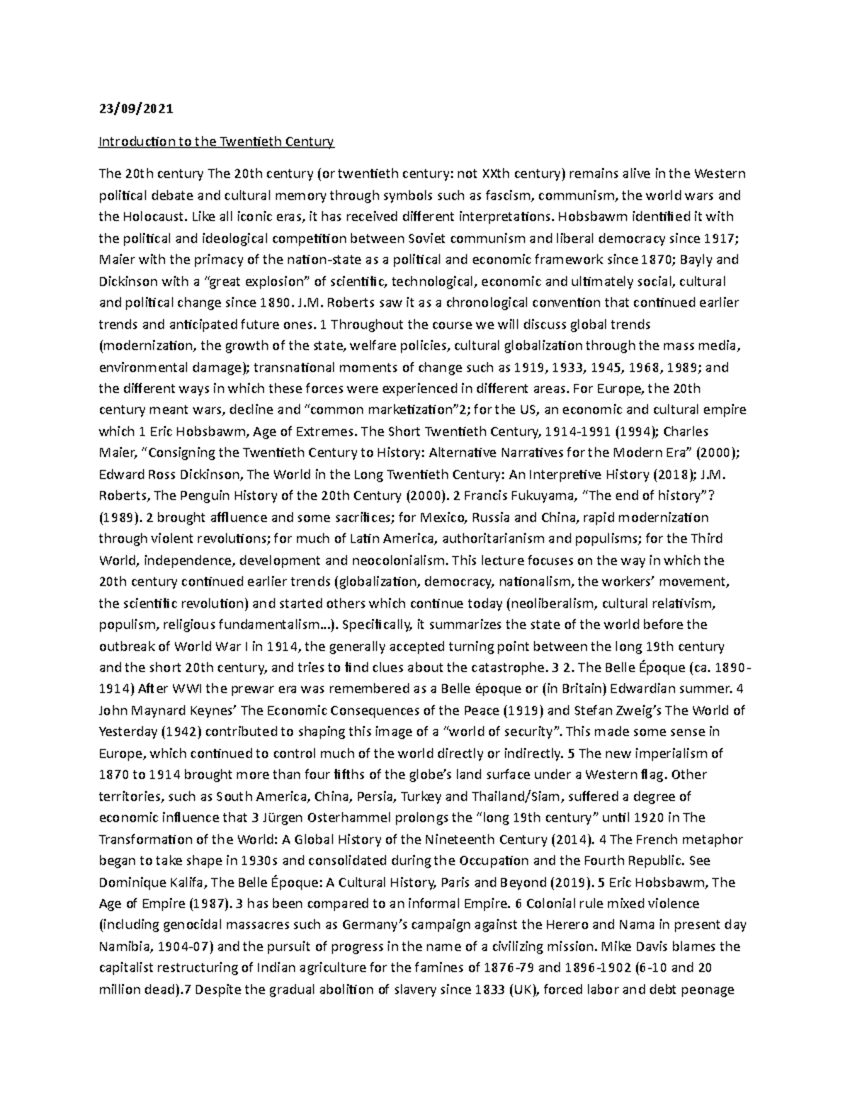 History of the Twentieth Century - notes - 23/09/ Introduction to the ...