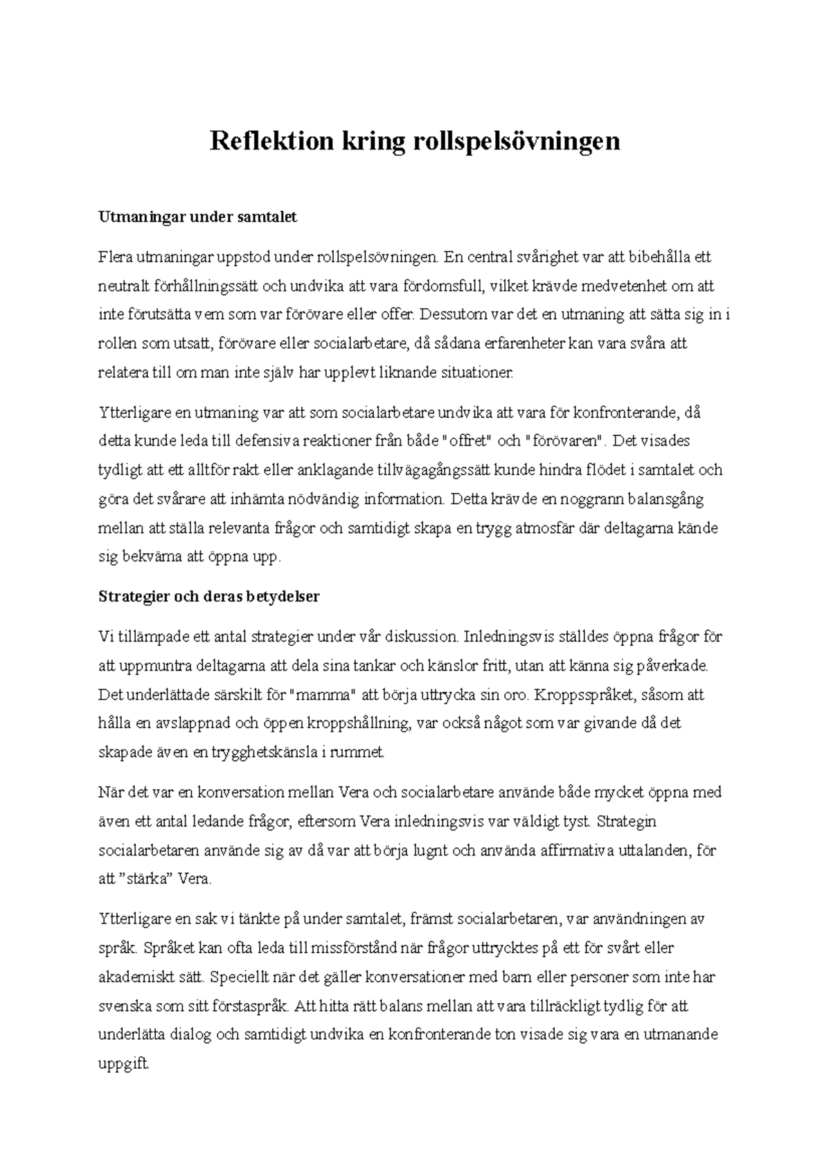 Skriftlig reflektion, Rollspelsövning - Socialt arbete med våld i nära ...