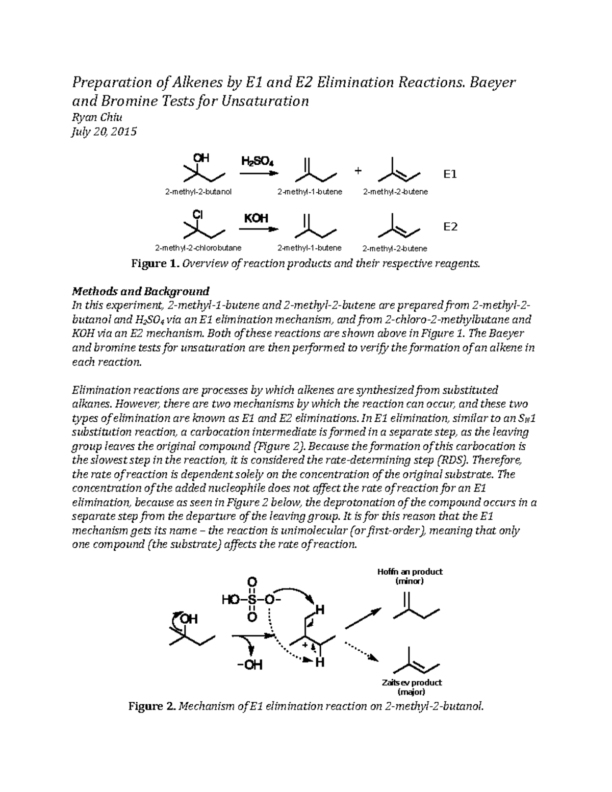 Laboratory Report 8 - Preparation of Alkenes by E1 and E2 Elimination ...
