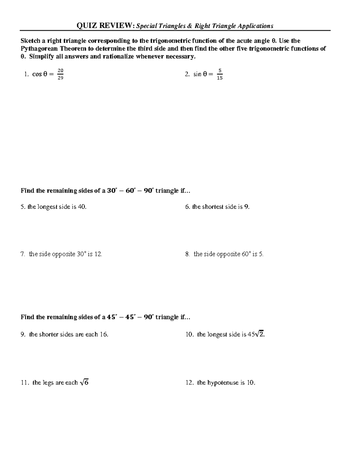 Quiz II Review - Spec Tri and Right Tri Apps - QUIZ REVIEW: Special ...